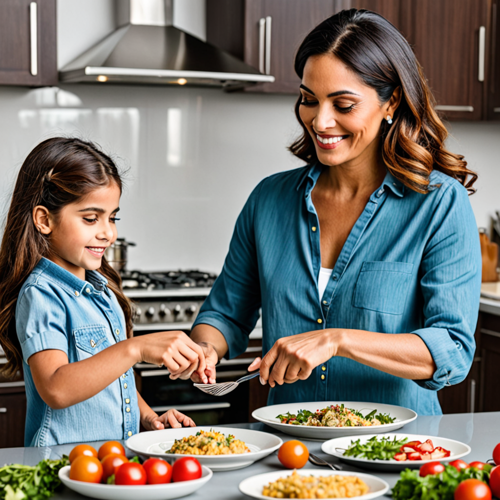 latin woman serving dinner to daughter on table