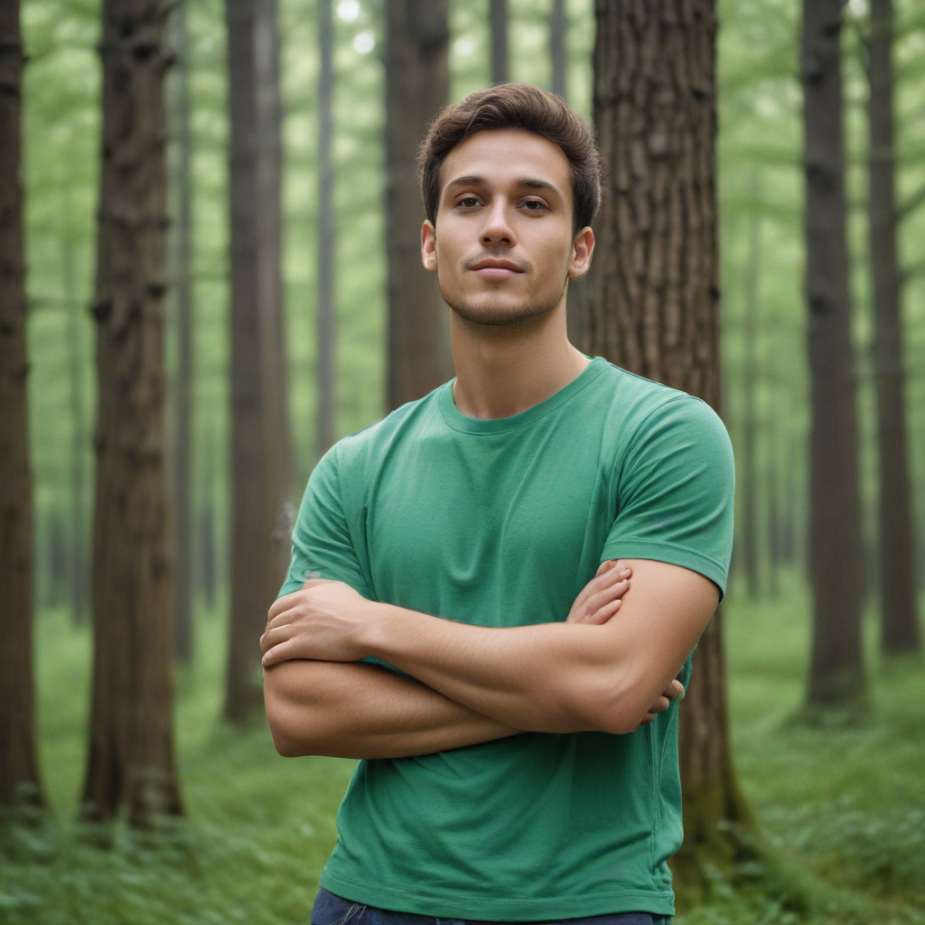 Guy in the green forest happy and smoking crossing his arms