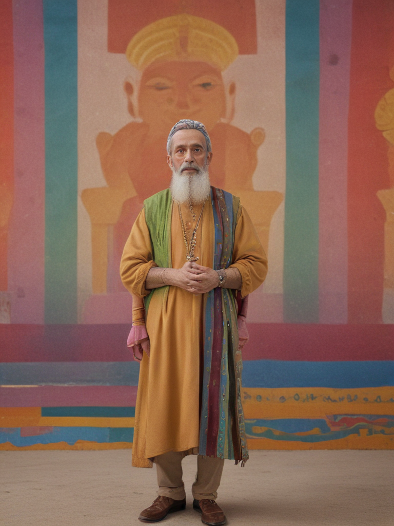 Opening shot of wise man standing in front of a colorful backdrop