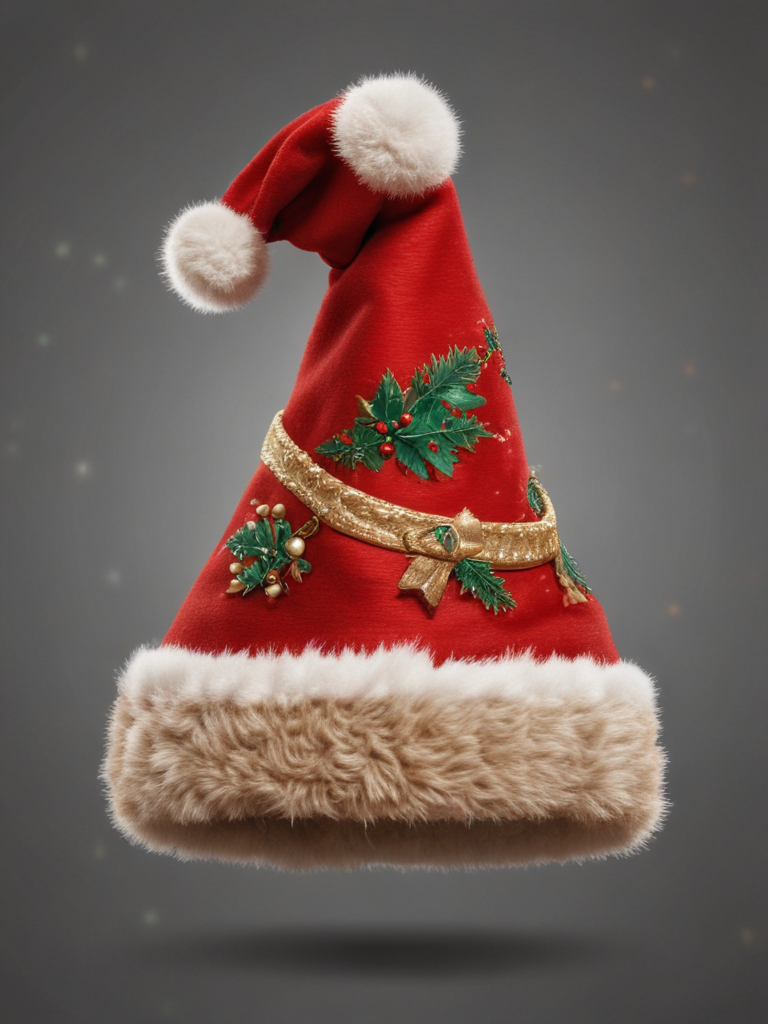 Festive Red Christmas Hat Adorned with Holly and Gold Accents