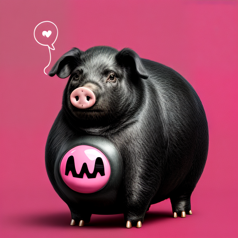 Black pig with giant pink lips with speach bubble saying " Hi I am Arnold"