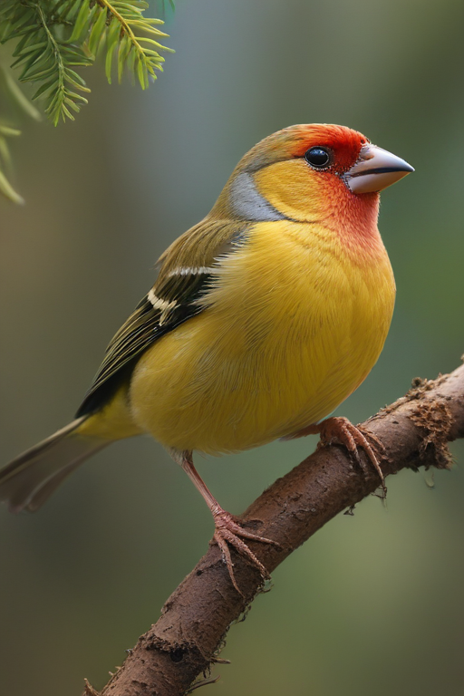 A Vibrant Yellow Bird with a Red Head Perched on a Branch