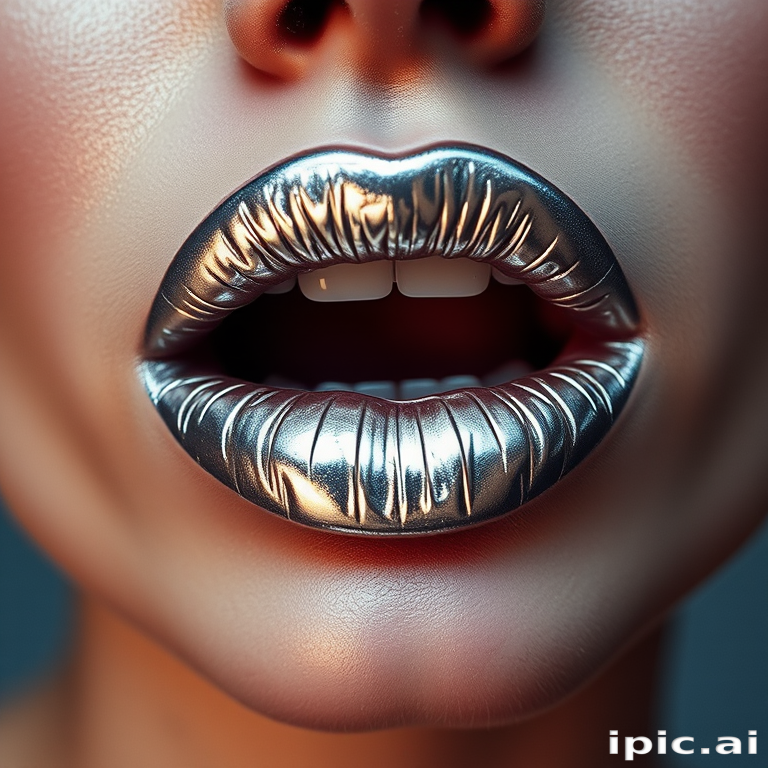 Edgy metallic silver lips reflect light dramatically, creating a ...