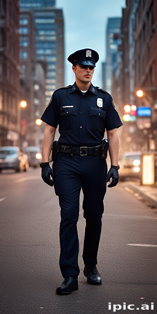 Confident Police Officer Walking Through Urban City Streets at Dusk