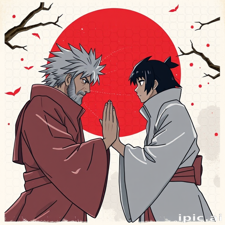 Two Warriors in Traditional Attire Unite Under the Rising Sun Symbol