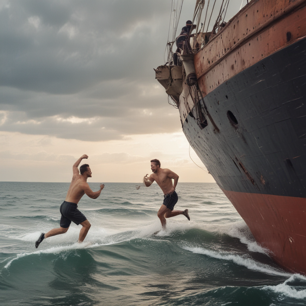 runners fighting each other, ship