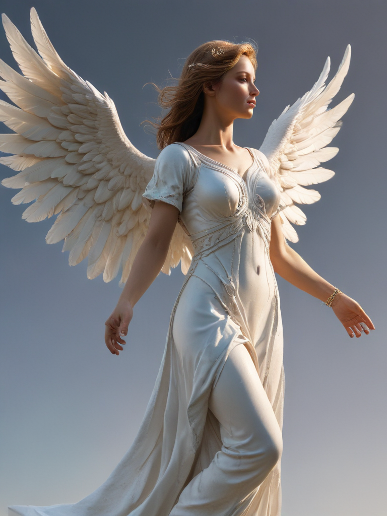 Graceful Angelic Figure with Majestic Wings Walking Through a Serene Sky