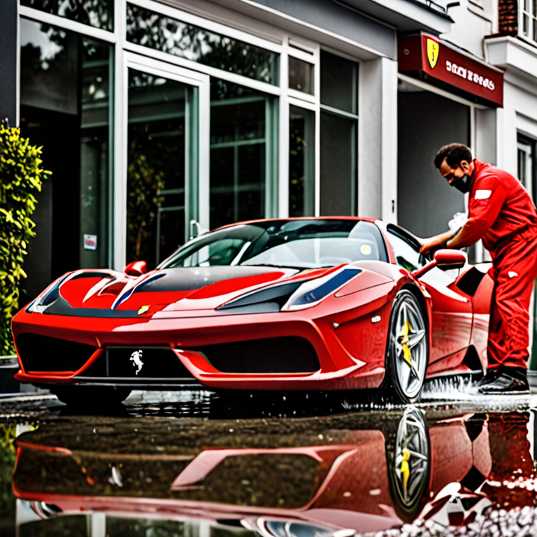 A man washing red ferrari.