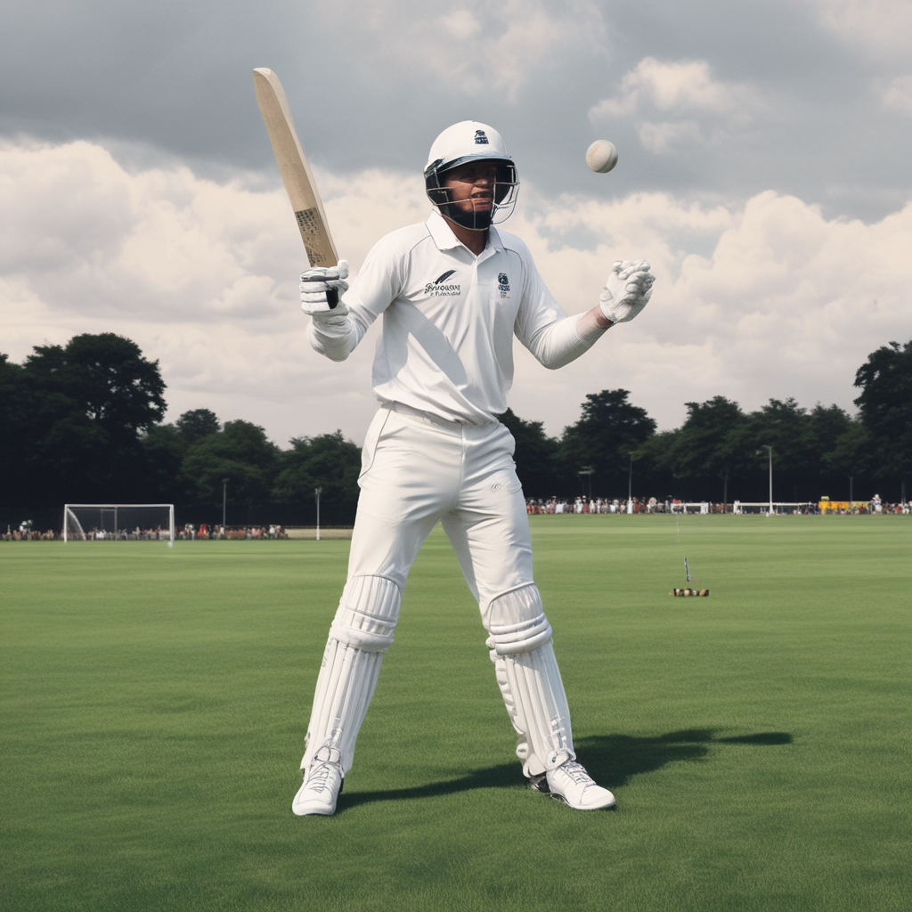 imagine a legendary cricket standing in cricket field with their bat in ...