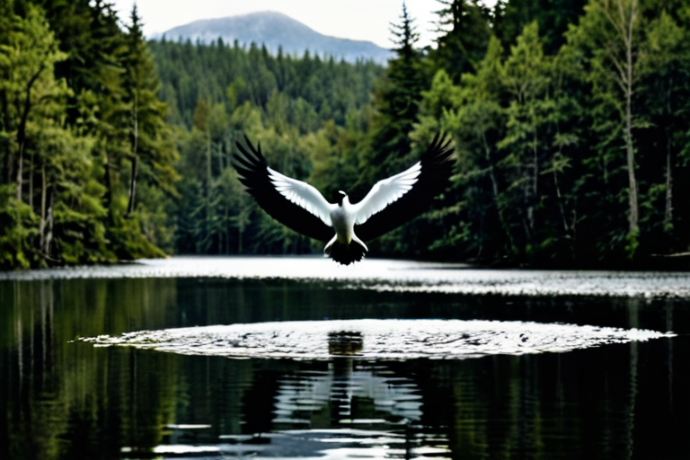 white and black bird humanoid levitating vertically with tucked wings ...