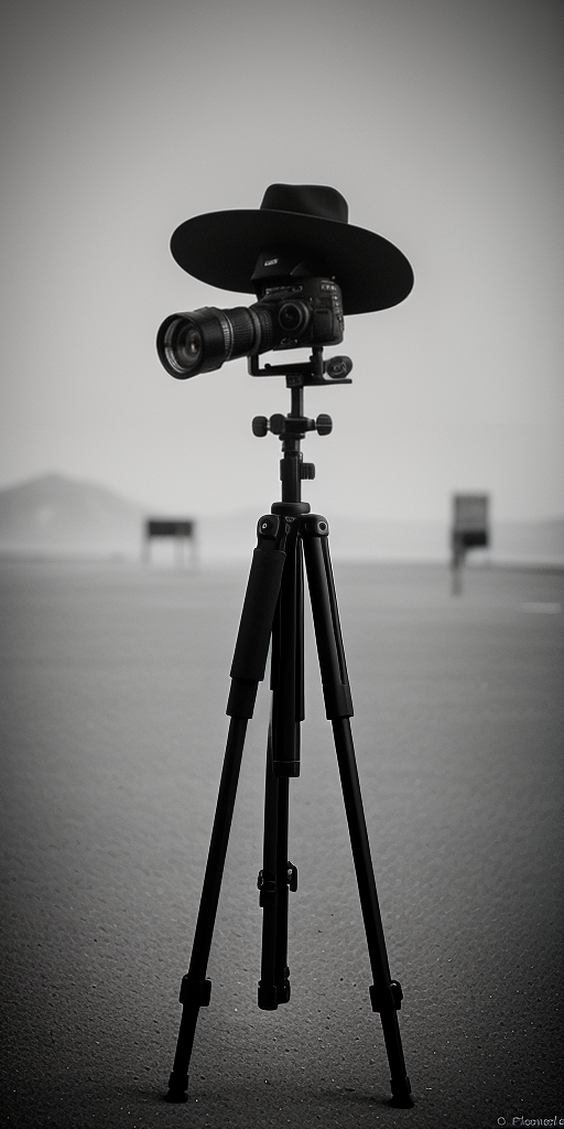 A Lone Camera on a Tripod Wearing a Wide-Brimmed Hat