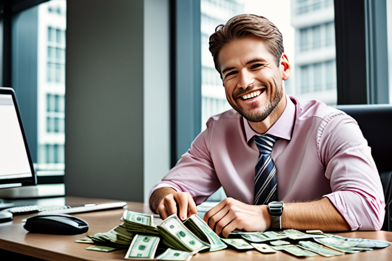CEO sitting at desk with big smile counting money