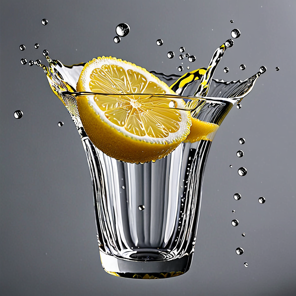 A transparent cup of lemon juice and lemon drops falling with water ...