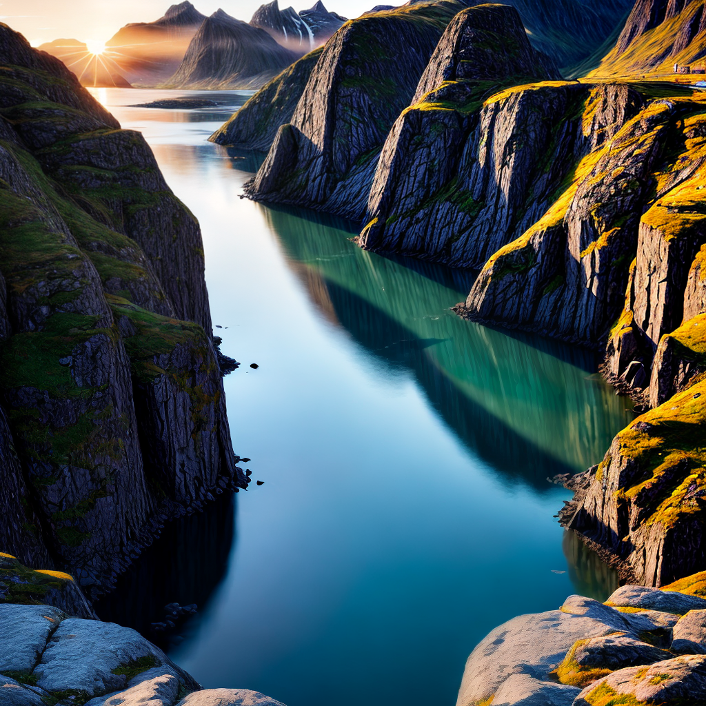 summer, sunset, norway fjord, cliff, Lofoten, stone bridge, rocky coast ...