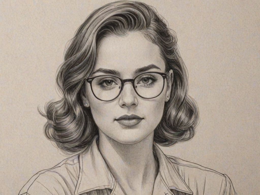 A Detailed Portrait of a Young Woman with Stylish Glasses and Wavy Hair.