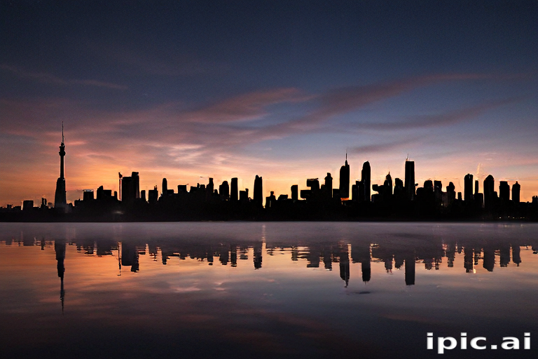 Stunning Sunset Reflection Over a City Skyline with Towering Buildings