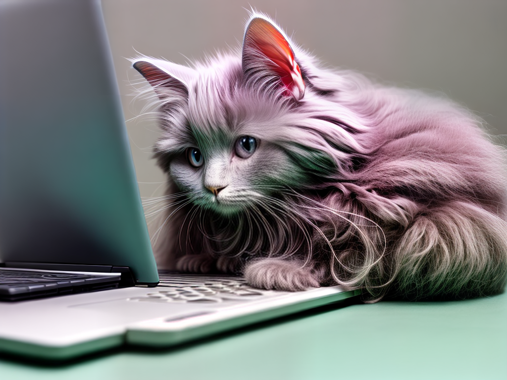 angora cat working on a computer