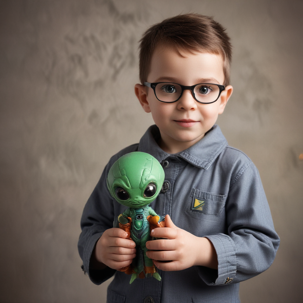 alien kid, with rocket toy in hands,