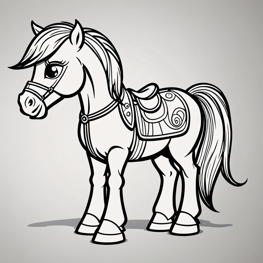 simple line drawing of cartoon pixar style pony low detail