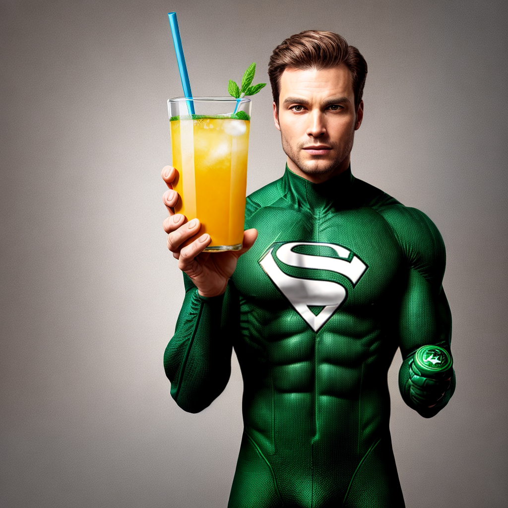 superhero holding a green posion drink and he has a black clean suit