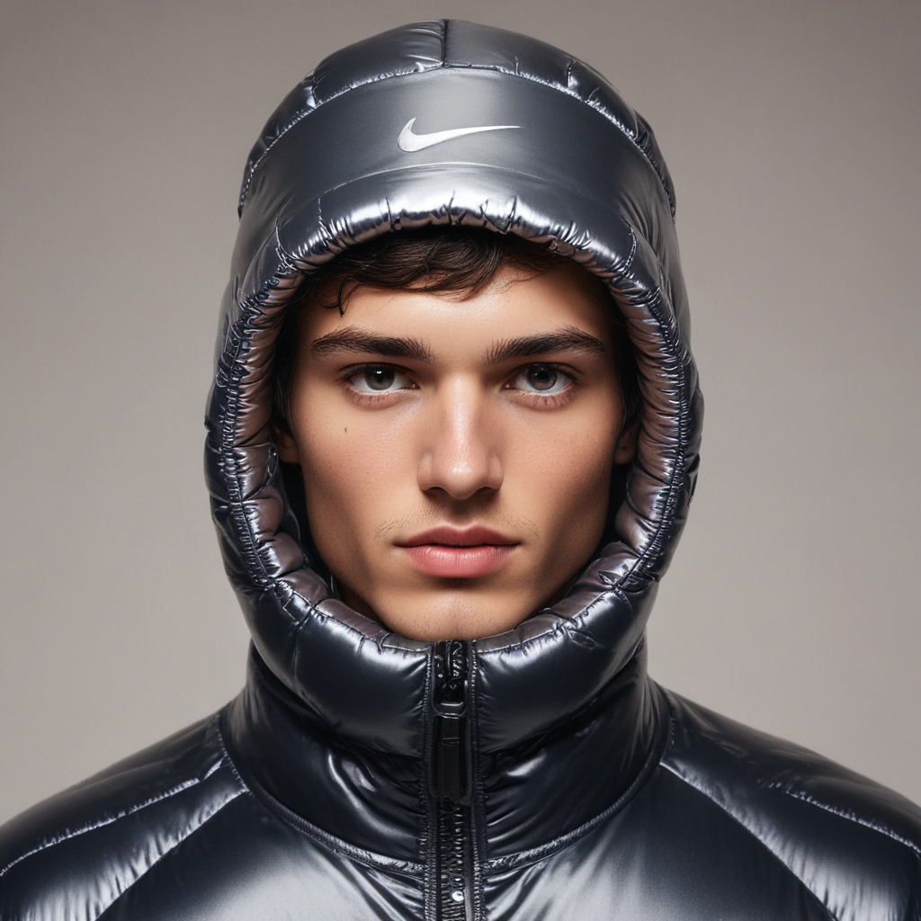 Male supermodel nike shiny puffer jacket bling jewellery hood headband