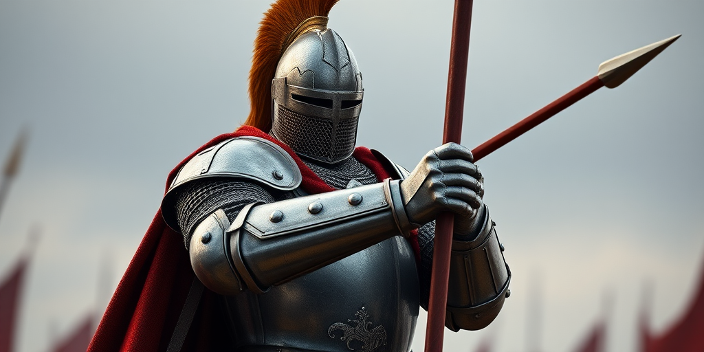 A Fearless Knight in Shining Armor Ready for Battle with Spear Raised.