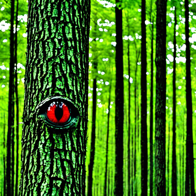 dark american forest, red eyes lurking in the background