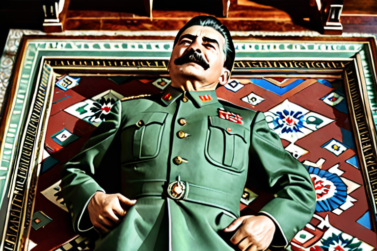 Josef Stalin with closed eyes laying on back near table on the floor ...