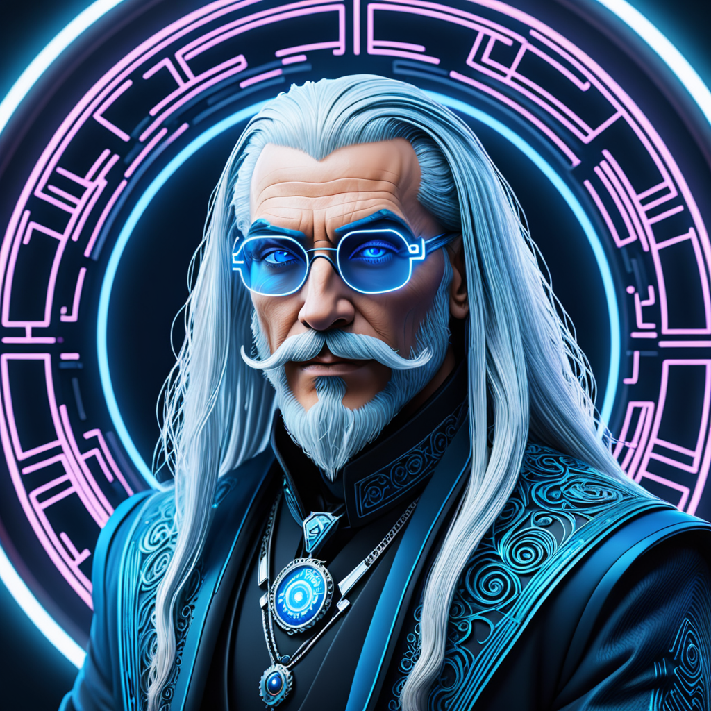 Create a unique 3D logo art of a villainous but royal looking cyberpunk ...