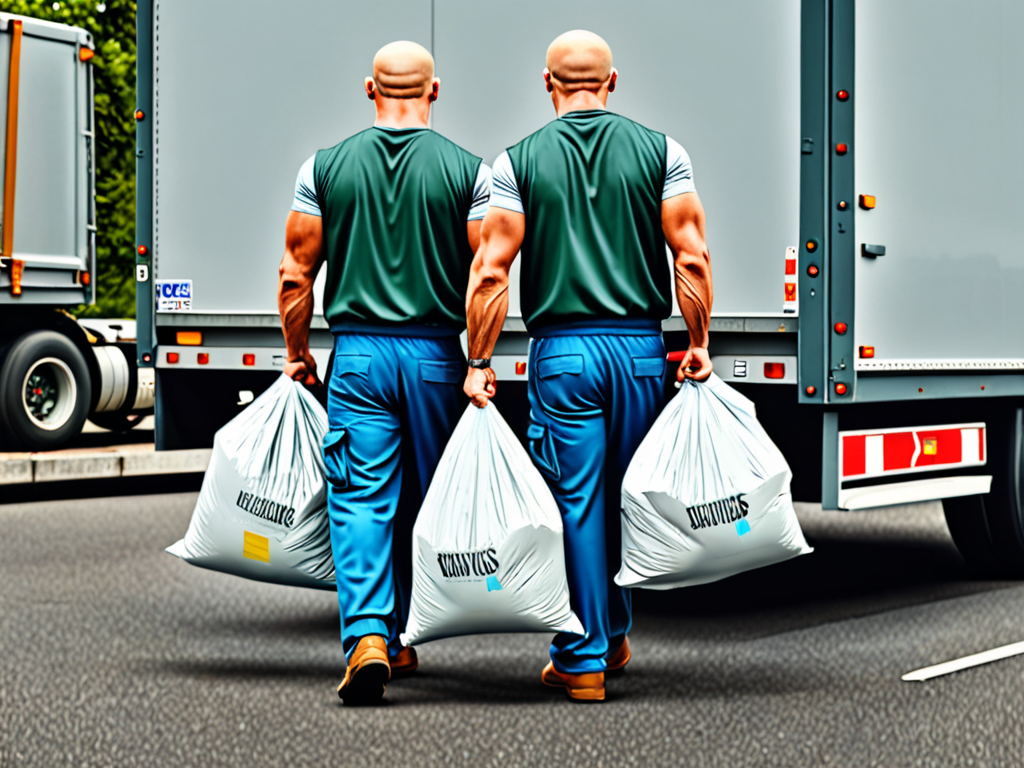 realistic handsome bald muscular garbagemen from behind carrying ...