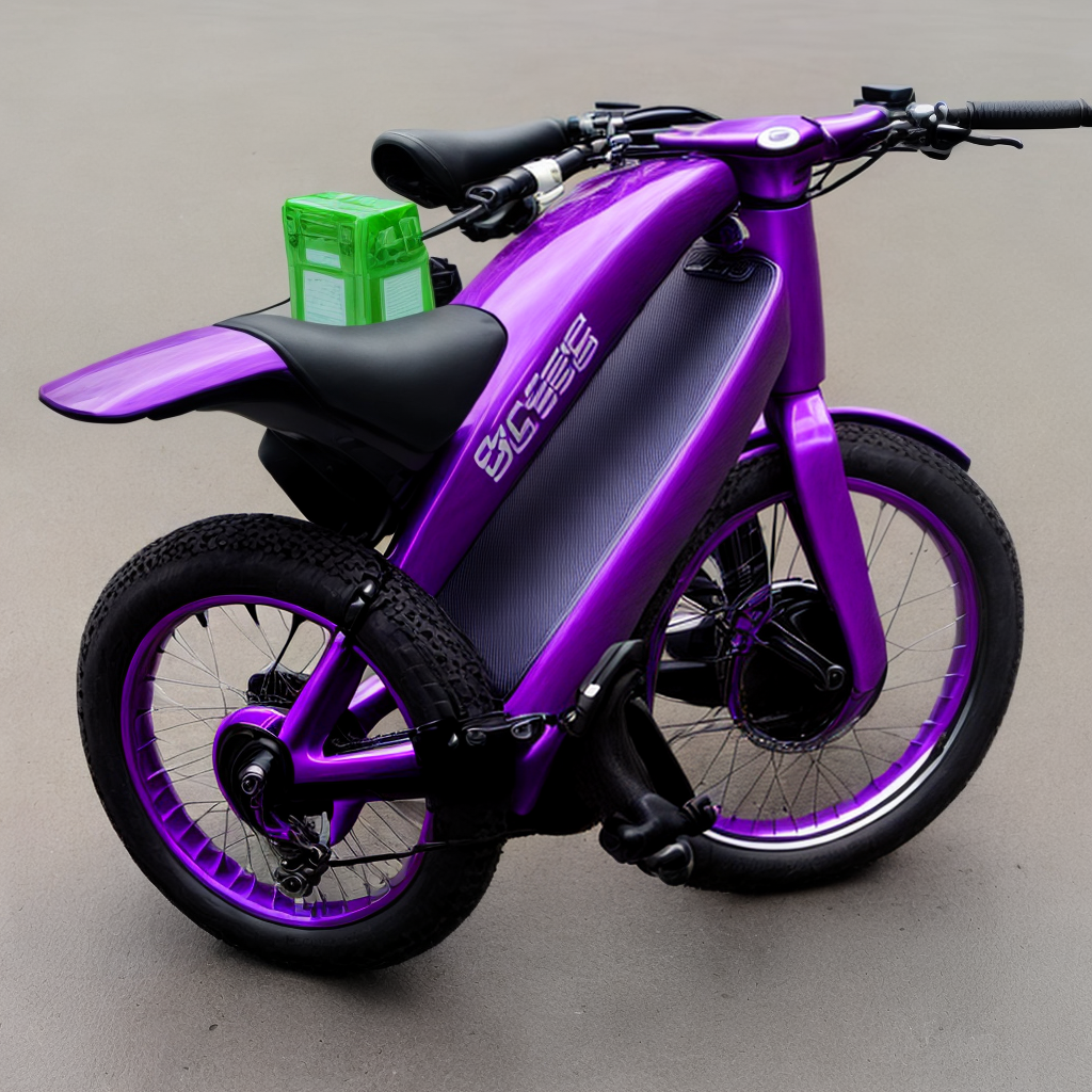 A purple electric bicycle with a display fit on the handle, acupressure ...