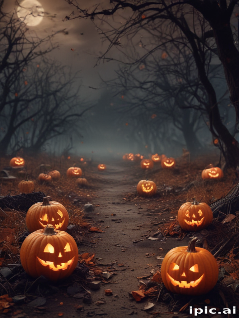 Spooky Pathway Lined with Glowing Jack-o'-Lanterns on Halloween Night