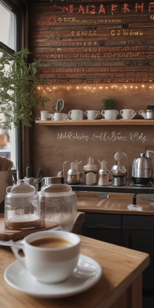Cozy Coffee Shop Interior with Rustic Decor and Warm Atmosphere