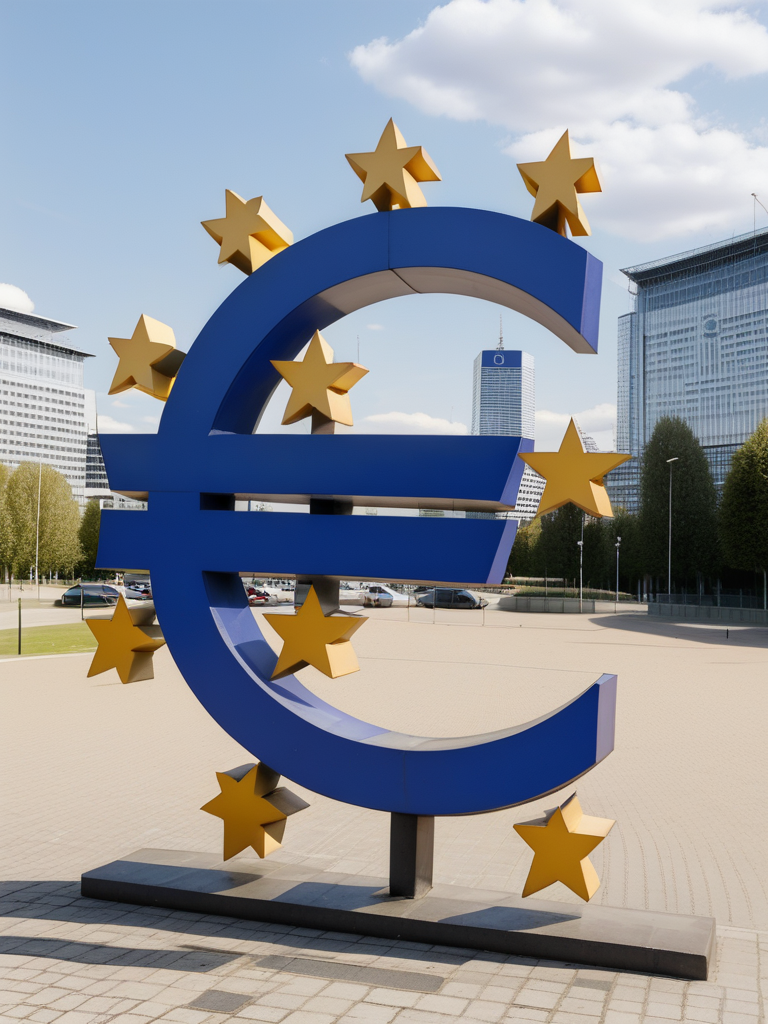 Large Euro Symbol Surrounded by Stars in Modern Urban Landscape