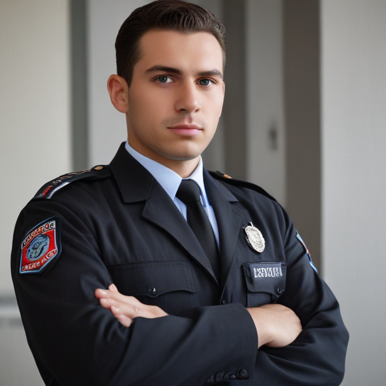 Confident Young Officer in Uniform Standing Proudly with Arms Crossed