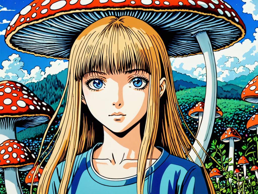 psychedelic ghibli, trippy girl, anime, manga, murshrooms, lain, cute ...