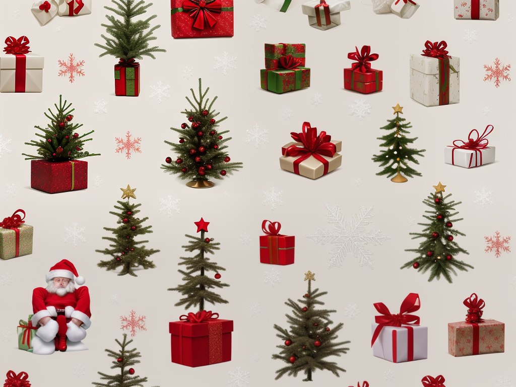 Festive Holiday Scene Featuring Christmas Trees, Gifts, and Santa Claus ...