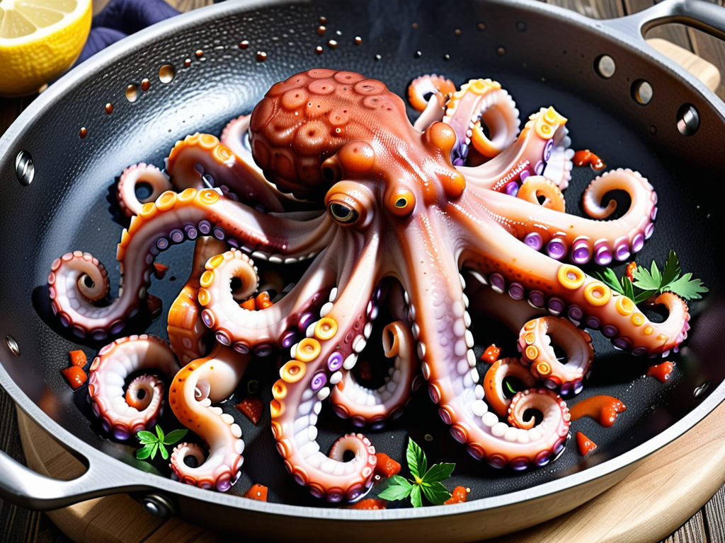 Deliciously Prepared Octopus in a Pan Surrounded by Fresh Vegetables