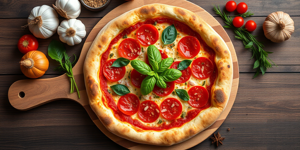A beautifully detailed pizza topped with pepperoni, fresh basil, and ...
