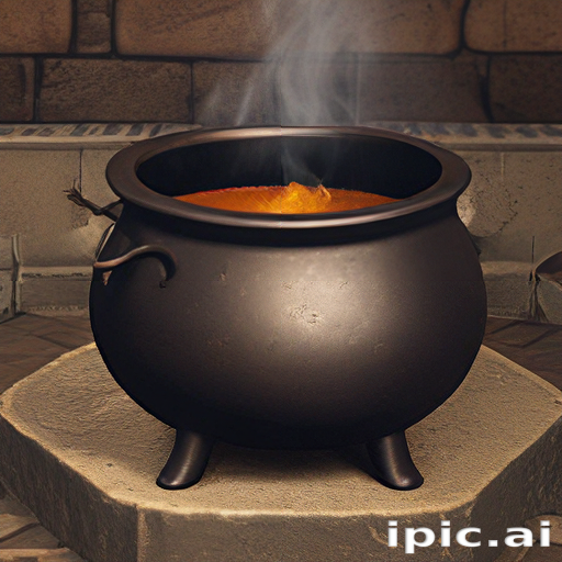 Steaming Cauldron on a Stone Hearth, Bubbling with Mysterious Potion Inside