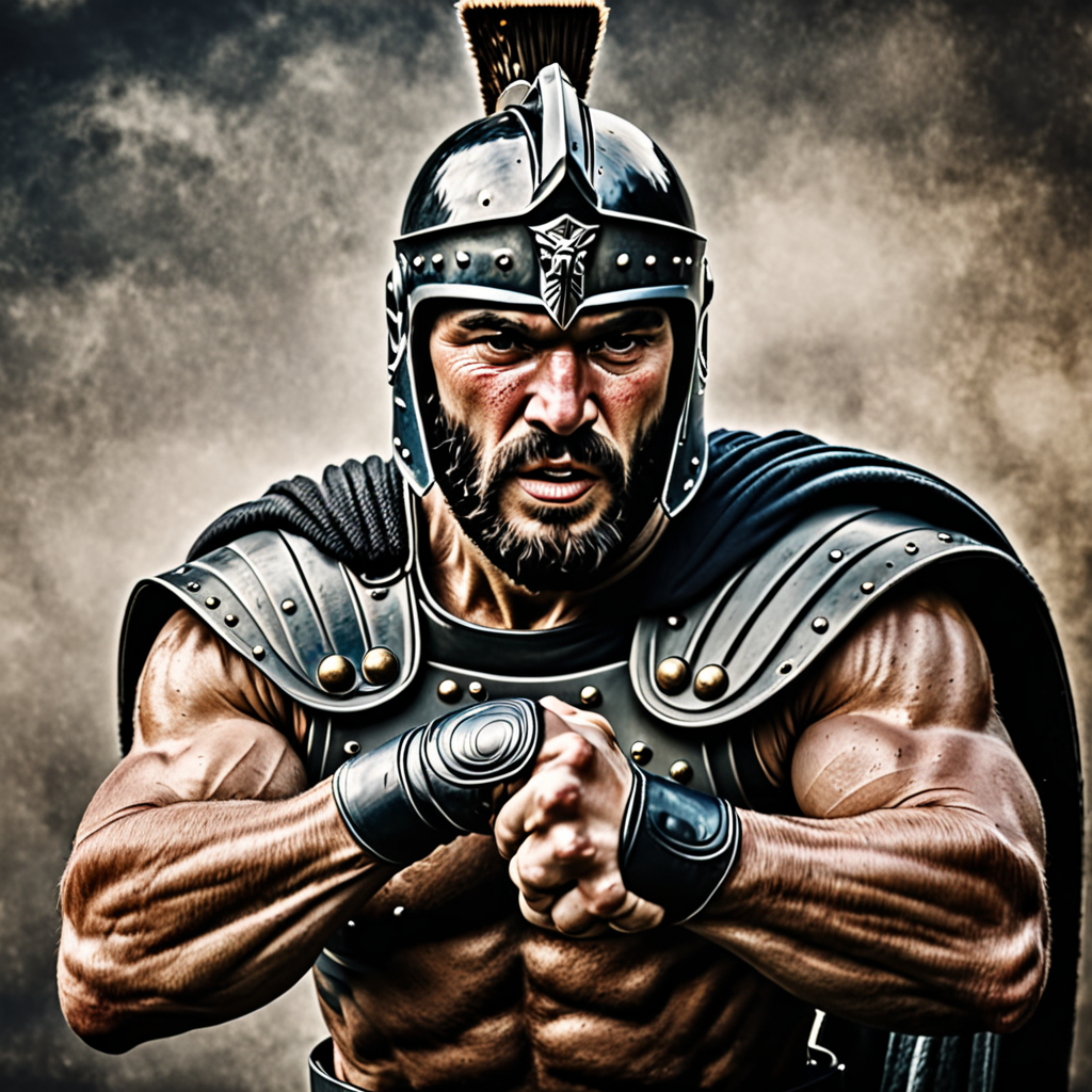 realistic portrait of an ancient Spartan Warrior showing his fists