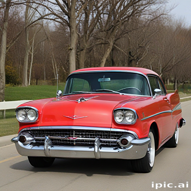 A Classic 1958 Red Chevrolet Car Driving on a Scenic Road.
