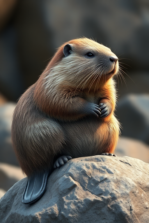 A Curious Beaver Sitting Thoughtfully on a Rock by the Water's Edge