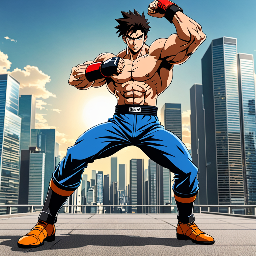 anime fighter in a dinamic pose in anime hero style with a city background