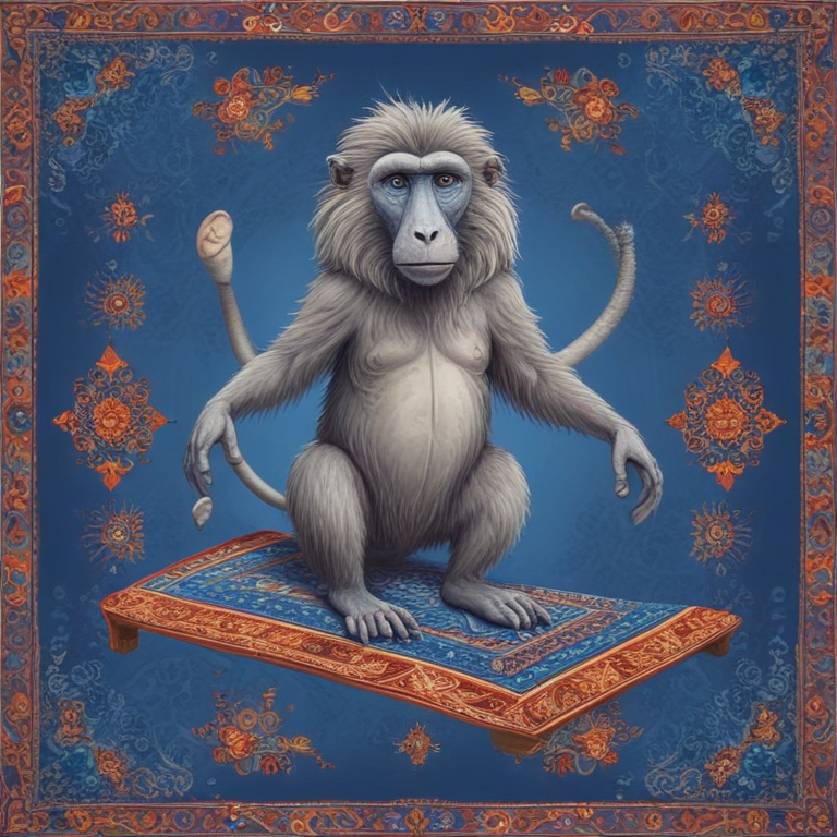 Blue Themed Cartoon Baboon riding a magic carpet