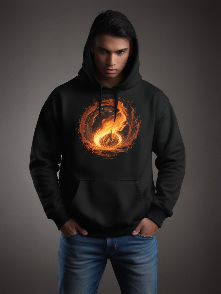 Young Man Wearing Black Hoodie with Fiery Flame Design Centered on Front
