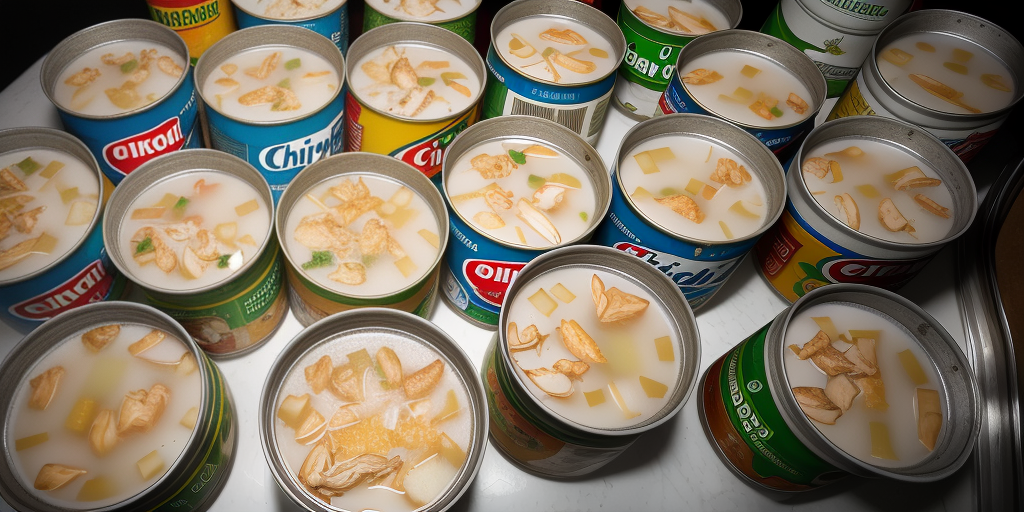 Colorful Assortment of Canned Soups and Stews with Chicken and Vegetables