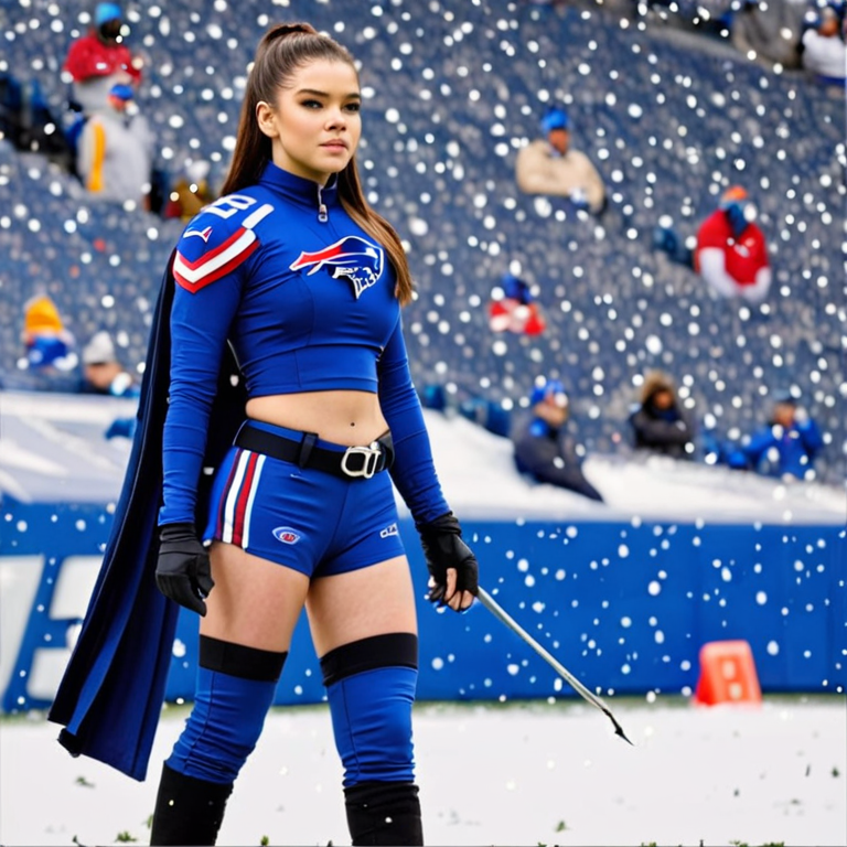 Hailee Steinfeld as Hawkeye full body view in a snowy Buffalo Bills stadium