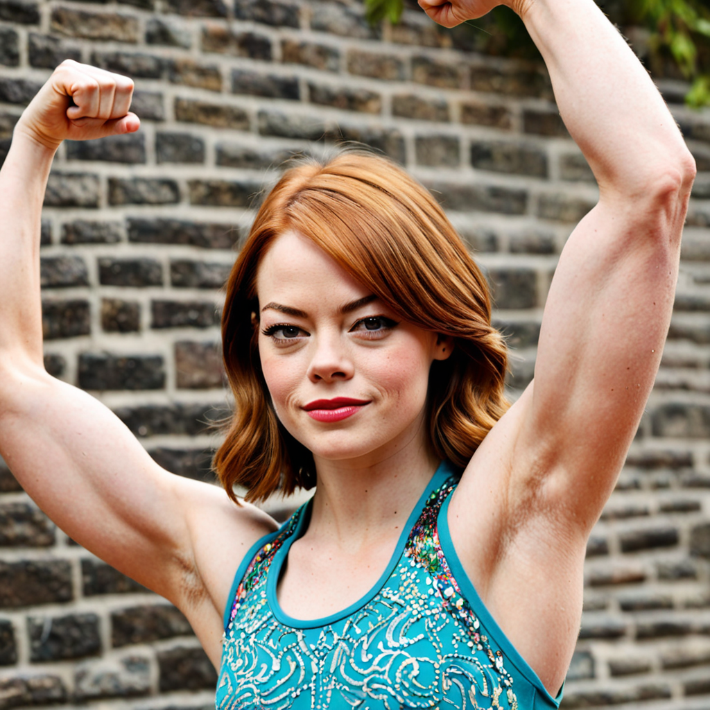 Youthful Emma Stone, flexing, huge biceps, veins on muscle