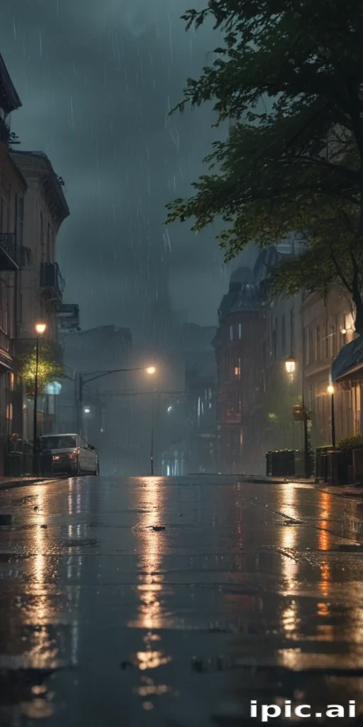 Moody Rainy Night Scene with Reflections on a Quiet City Street